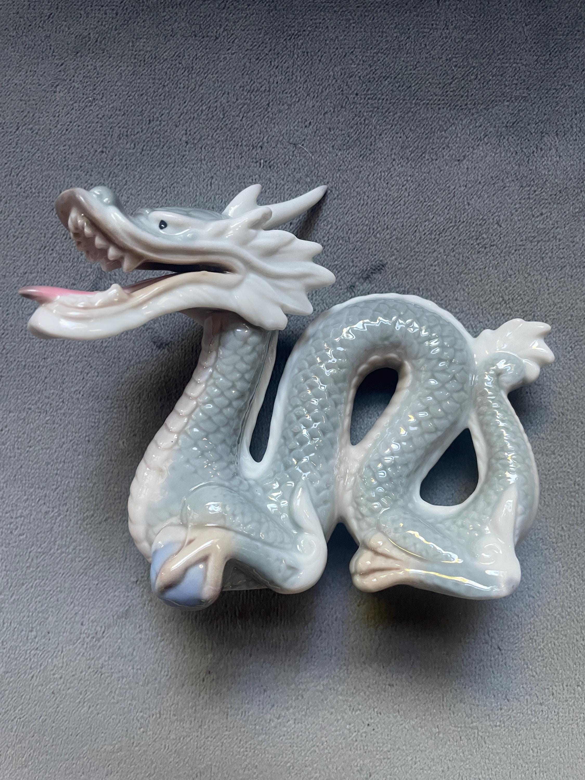 Vintage Yoshimi K Porcelain Foo Dragon Figurine Gray White Sphere Japan ...
