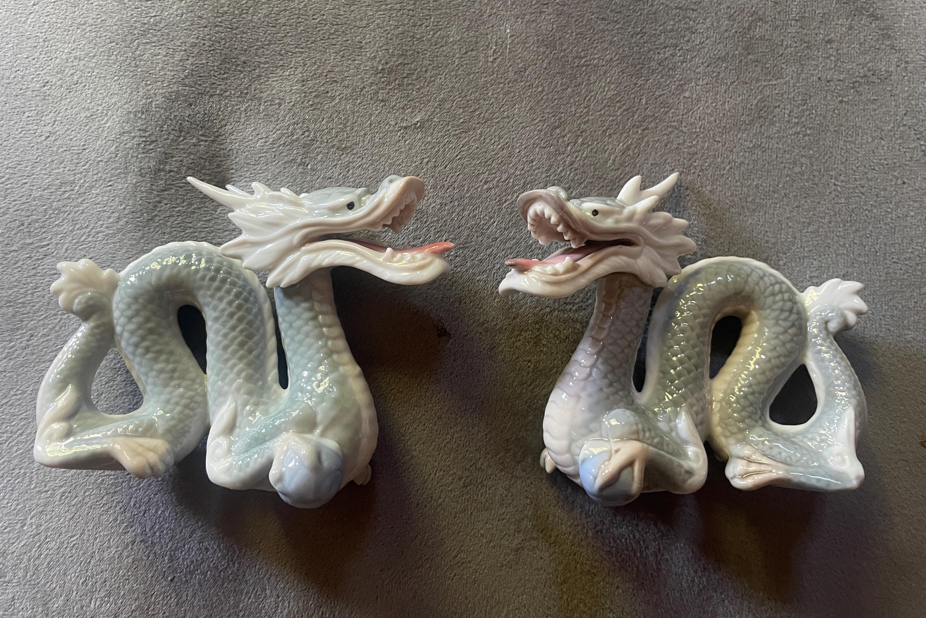 Vintage Yoshimi K Porcelain Foo Dragon Figurine Gray White Sphere Japan ...