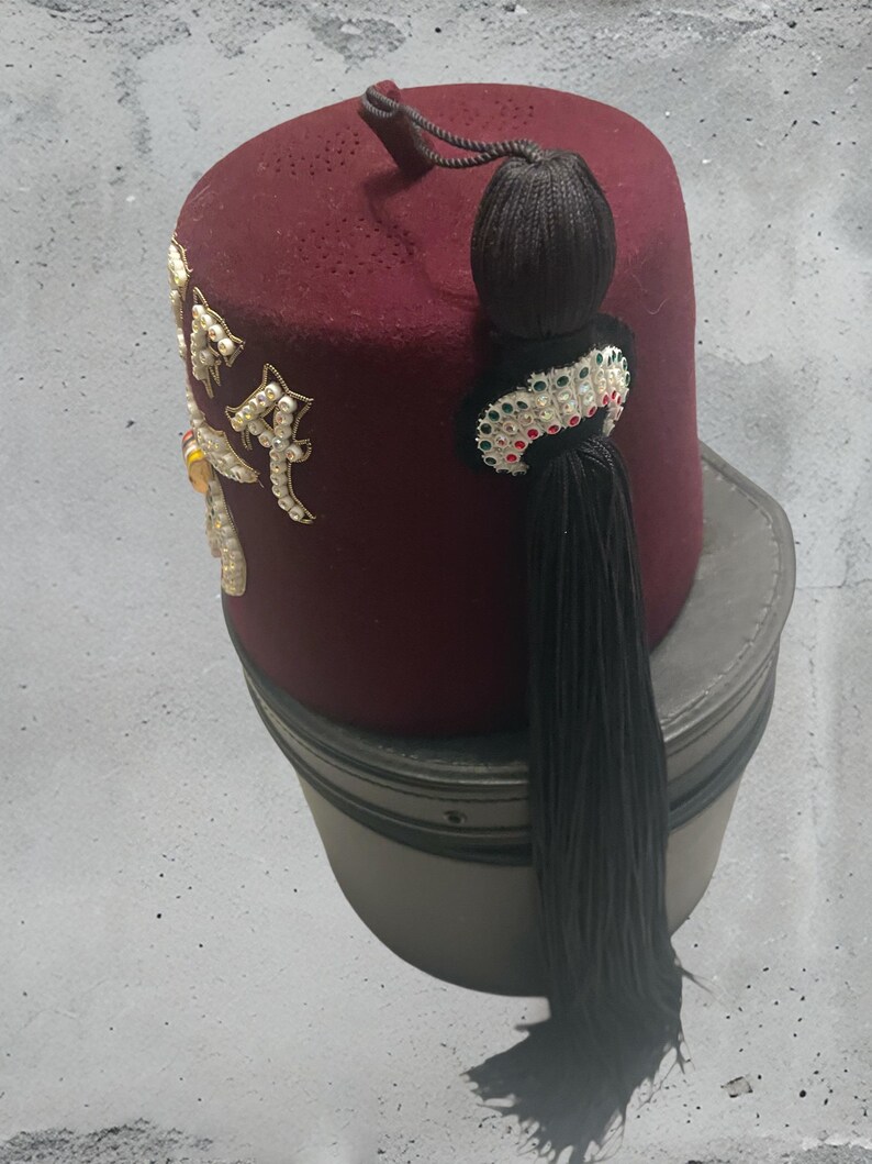 Vintage Jaffa Masonic Shriners Fez Maroon Hat W/ Rhinestones & Tassel ...