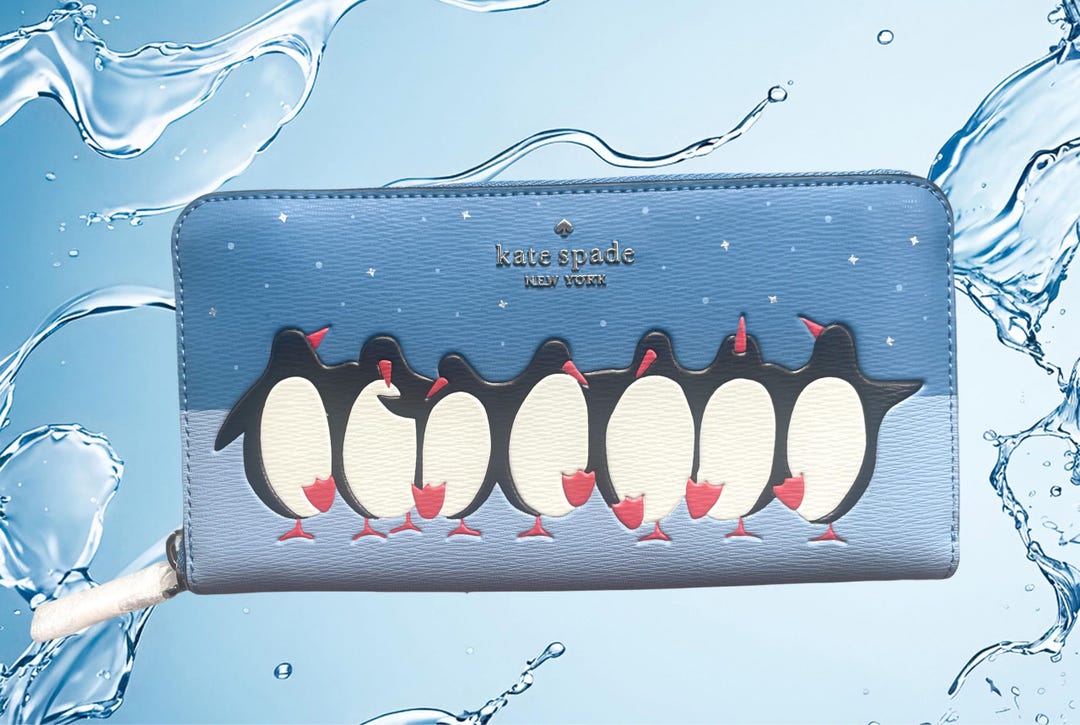 Kate Spade Arctic Friends Penguin Blue Leather Large Continental Wallet ...