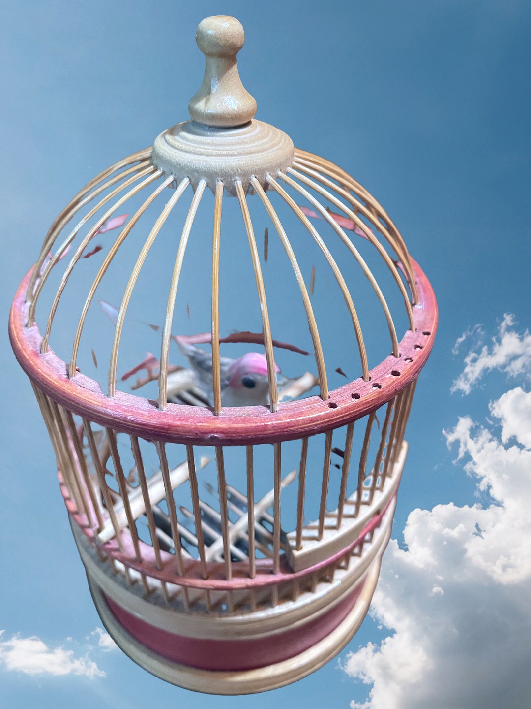 Vintage Wind up Bird in Bamboo Cage Moves and Chirps Automaton Door Can ...