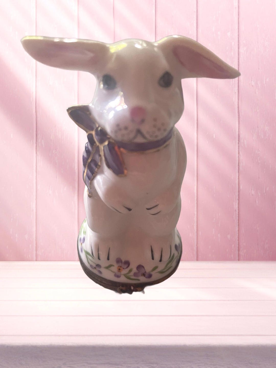 Limoges Porcelain White Rabbit With Purple Bow Trinket Box by Chamart ...