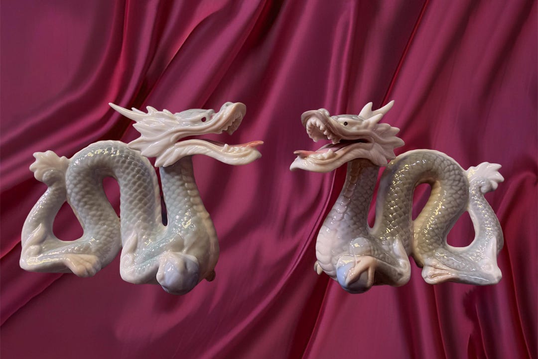 Vintage Yoshimi K Porcelain Foo Dragon Figurine Gray White Sphere Japan ...