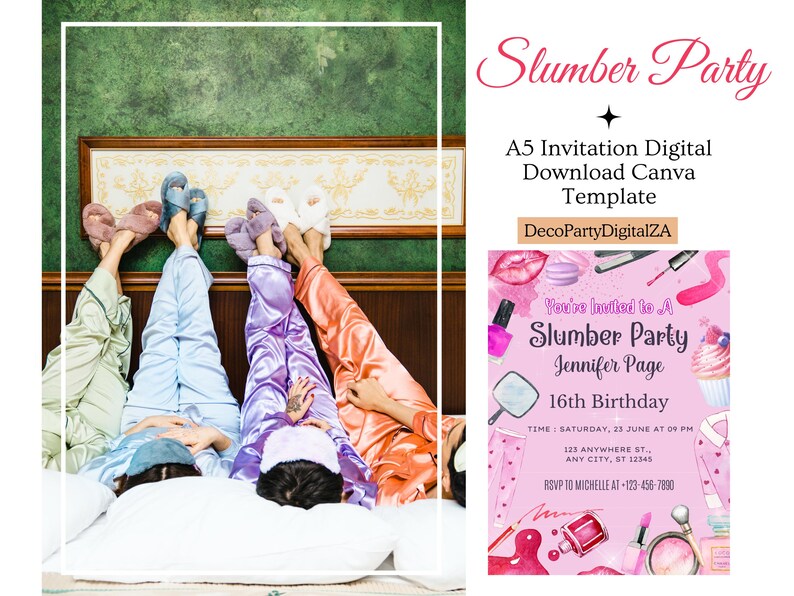 Editable Slumber Party Invitation Canva Template Pajama Party ...