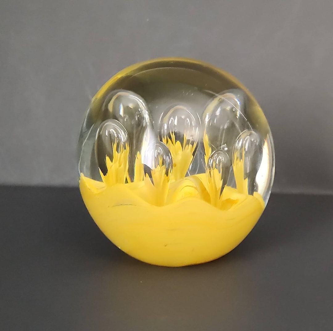 Vintage Art Glass Ball Paperweight Yellow Swirl and Controlled Bubbles ...