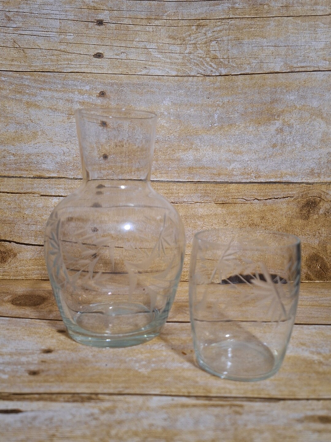 Vintage Beautiful Etched Glass Tumble up Set Bedside Water Pitcher ...