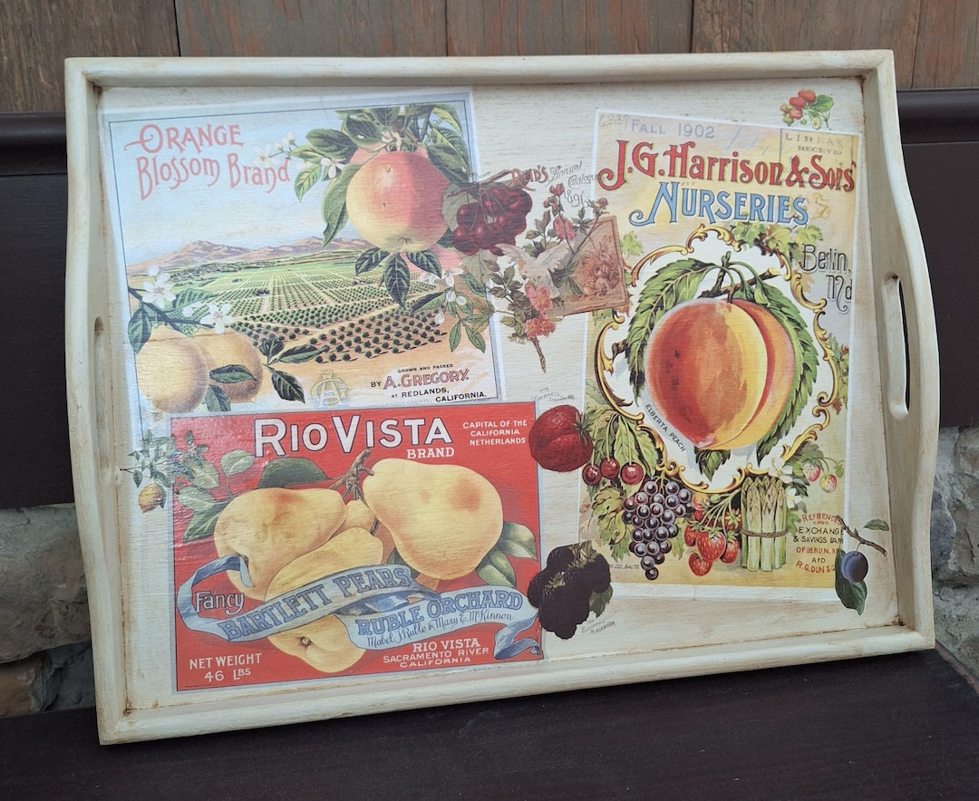 Large Upcycled Wooden Tray With Handles, Vintage Fruit Ads, Transfers ...