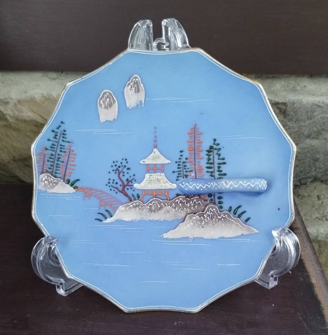 Antique 12 Sided Nappy Dish, Made in Japan, Moriage, Pagoda, Bridge ...