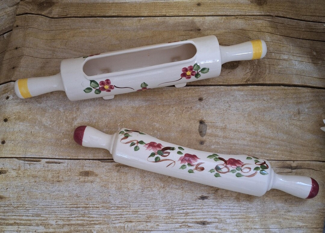 Vintage 1950's Set - Hand Painted Ceramic Rolling Pin Planter/recipe ...