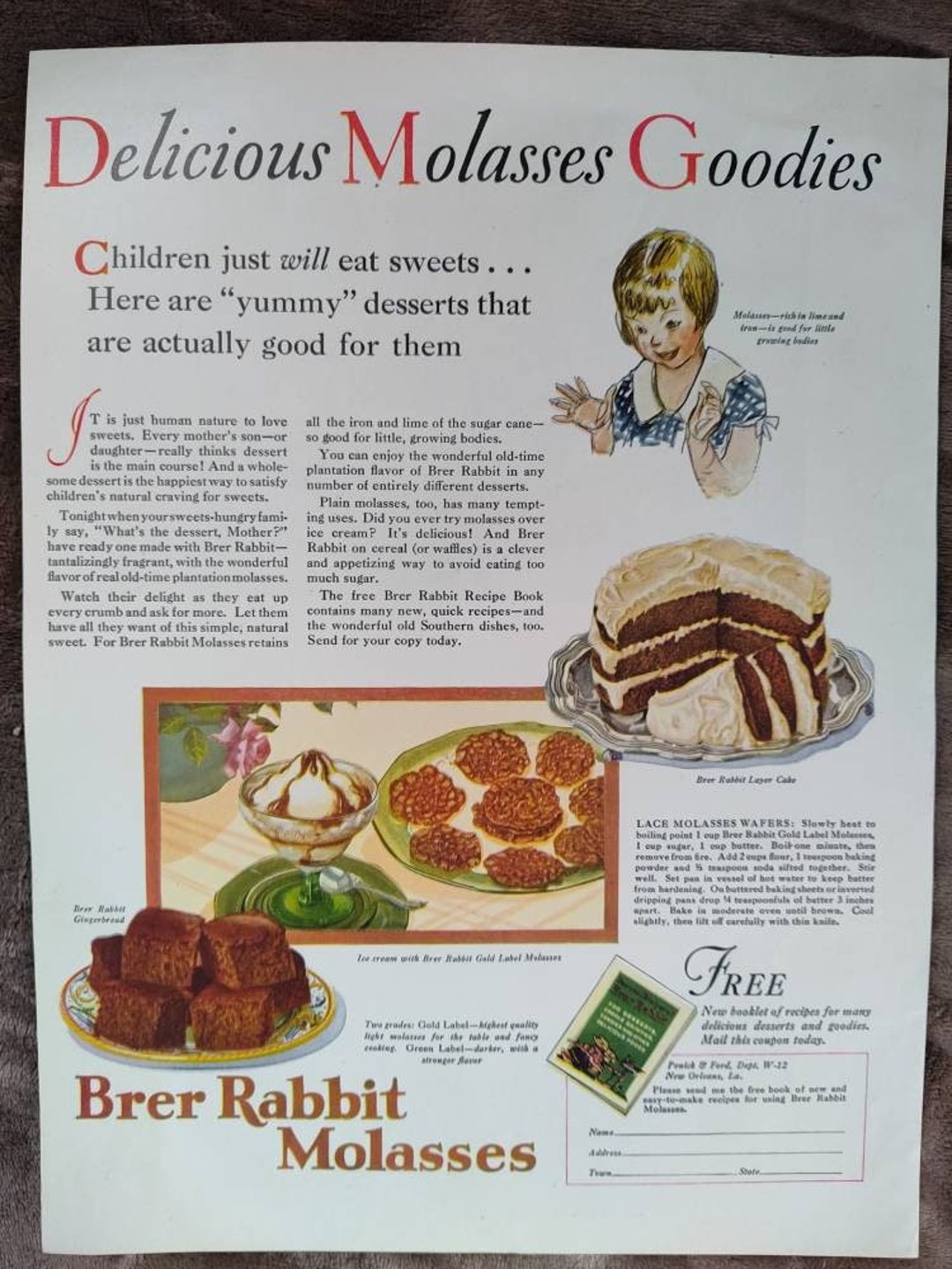 Vintage Ad - Brer Rabbit Molasses 1927 - Cute Graphic, Recipe for Lace ...