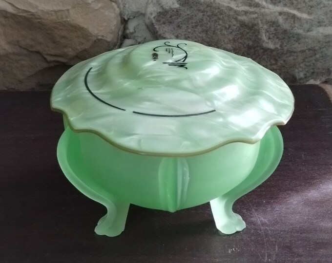 Antique 1930s Green Satin / Frosted Dresser/vanity Powder Dish With ...
