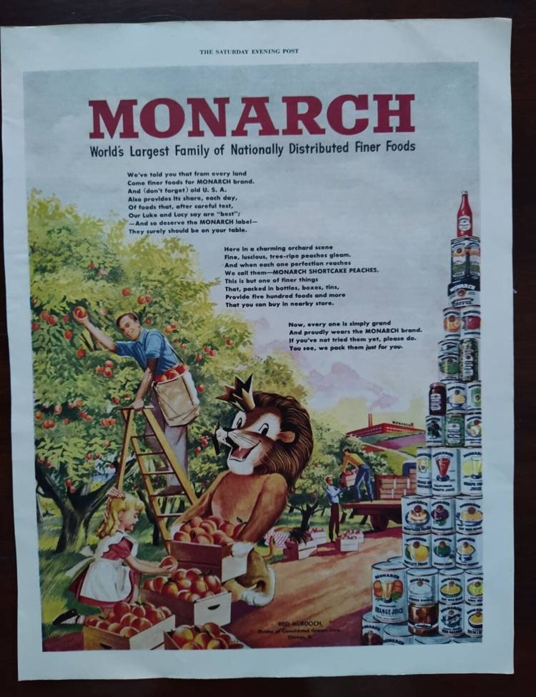 1948 Monarch Foods Ad Reid Murodch Chicago IL Colorful Scene in Peach ...