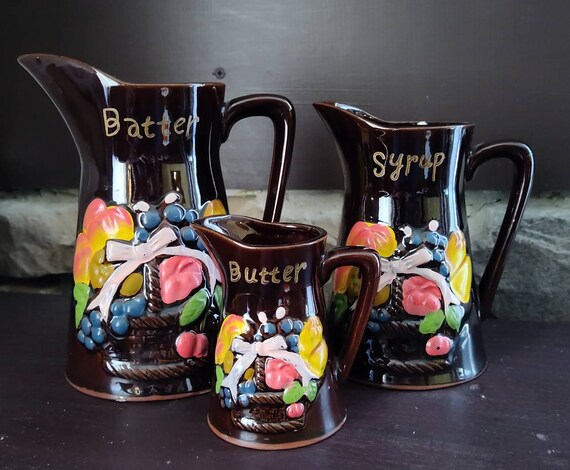 Vintage Set of Redware / Brown Luster Pitchers Batter Syrup - Etsy