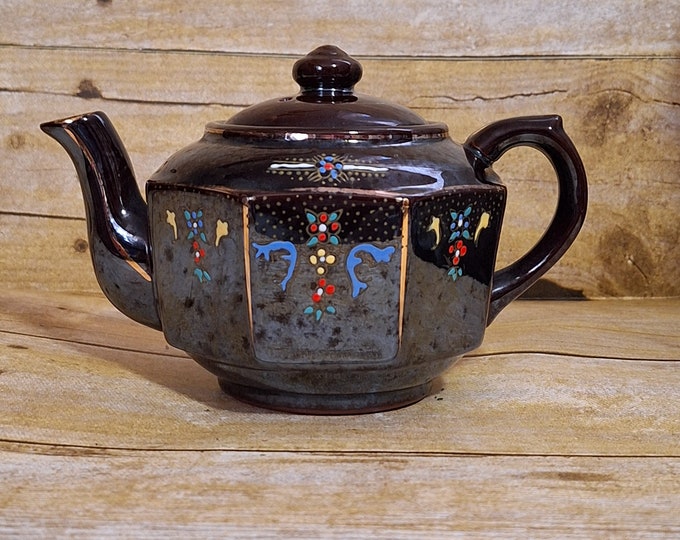 Vintage Brown Betty Redware Teapot Moriage Enamel Hand Painted Made in ...