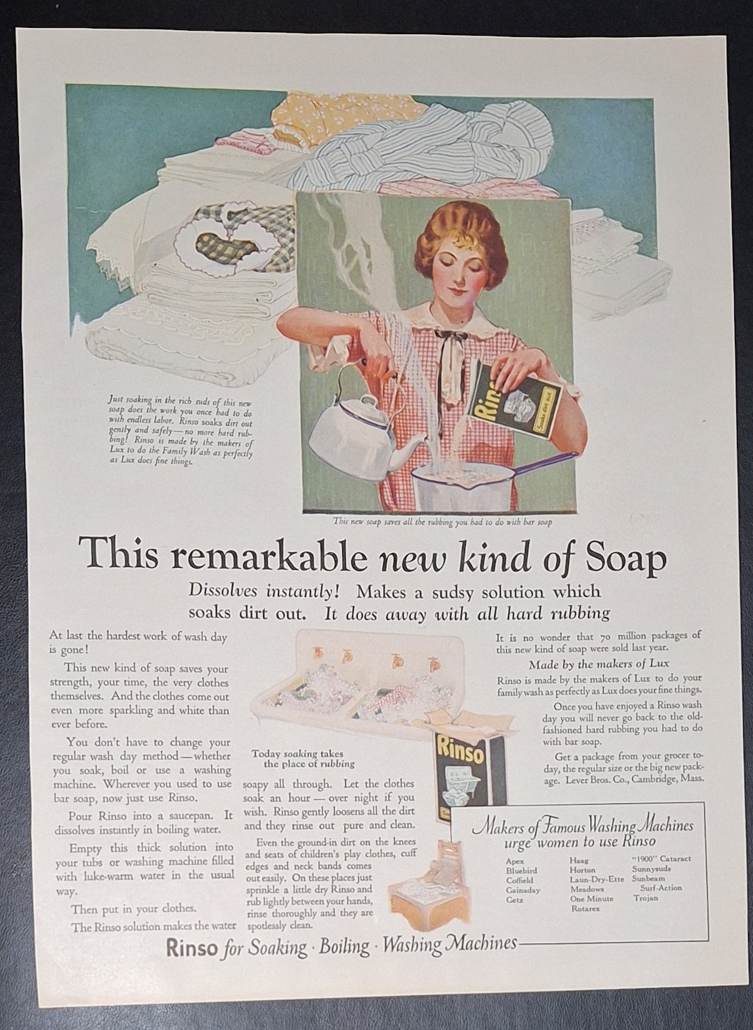 Vintage Ad 1924 Rinso Laundry Soap by the Makers of Lux Great Laundry ...