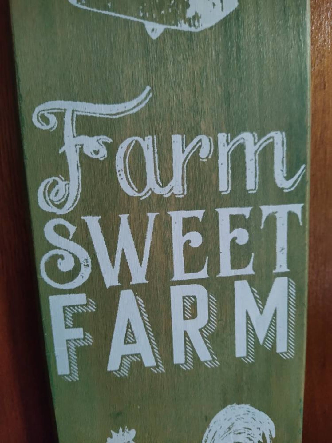 Long Wooden Paddle Sign - Farm Sweet Farm - Cow Bell, Veggies, Rooster ...