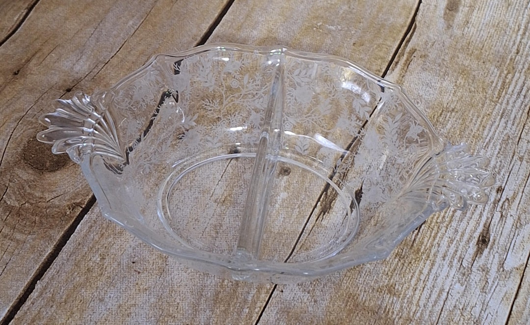 Vintage Fostoria Glass Divided Dish, Chintz Floral and Vine Pattern ...