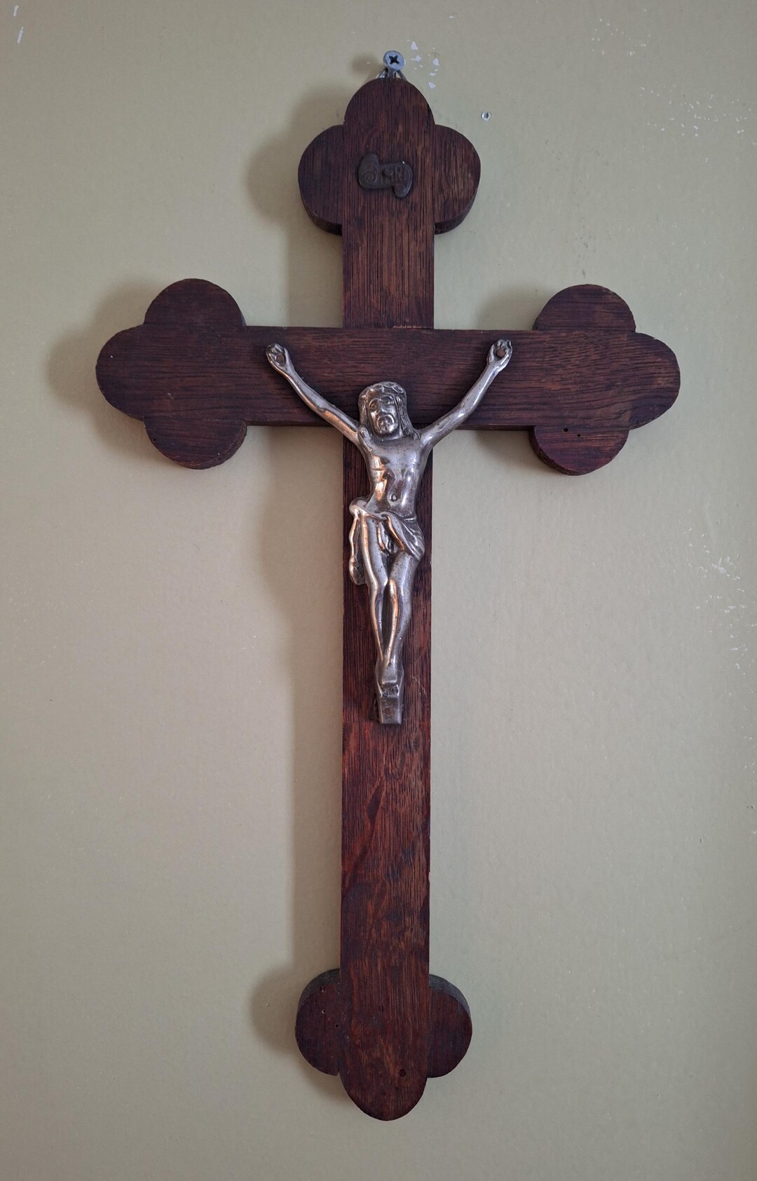 Antique Wall Crucifix, Wood With Silver Christ Figure, Metal INRI Sign ...