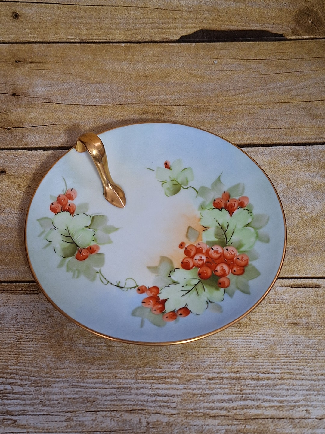 Antique Nappy Dish With Red Berries and Gold Handle - Hand Painted ...