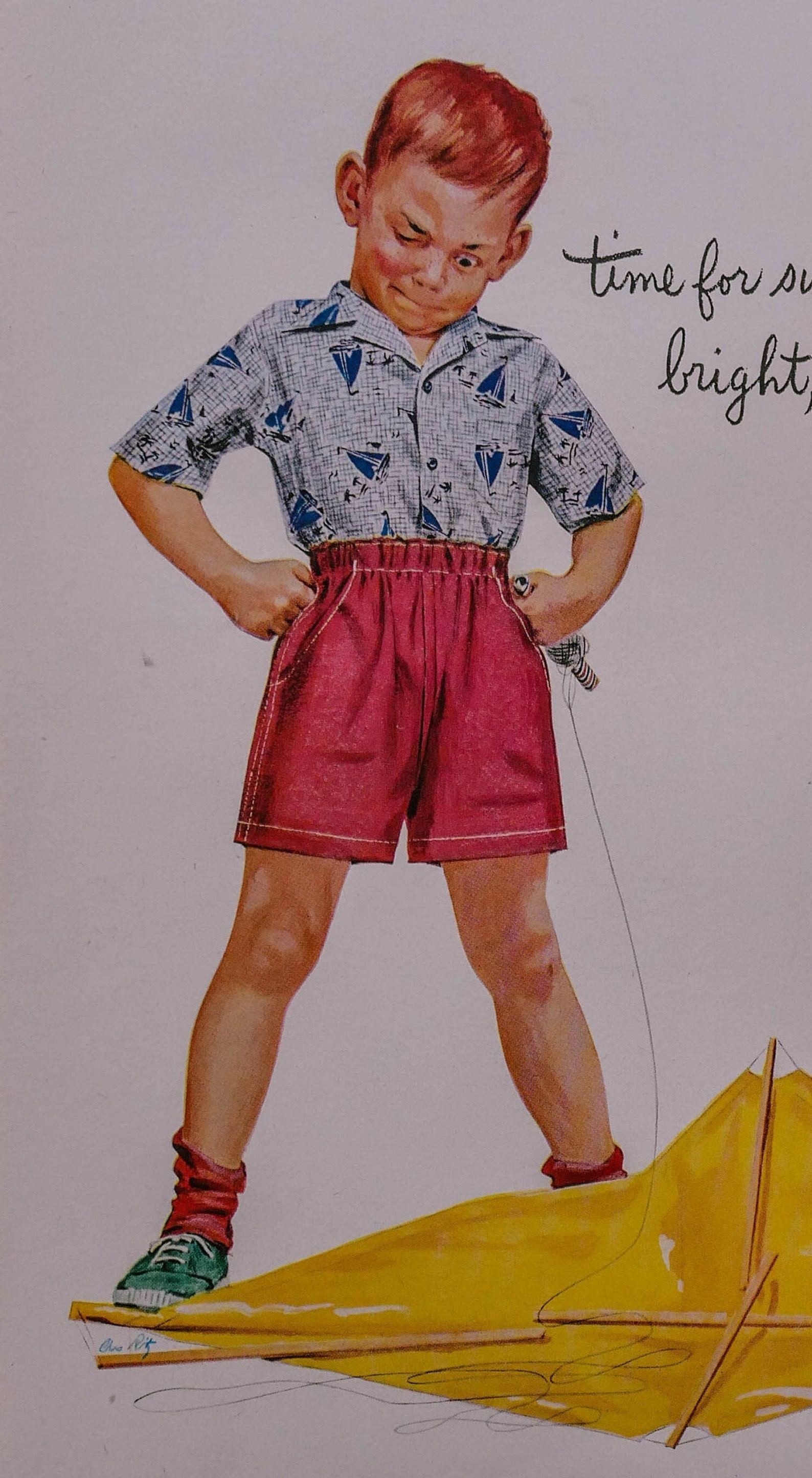 Vintage 1954 Blue Bell Clothing Ad, Red Headed Boy, Broken Kite, Art by ...