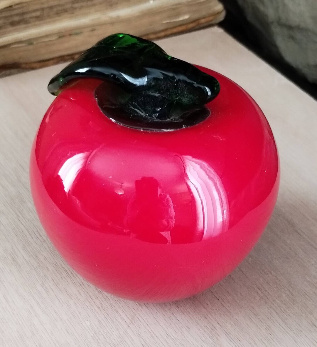 Vintage Murano Style Art Glass Red Apple - Blown Glass, Applied Green ...