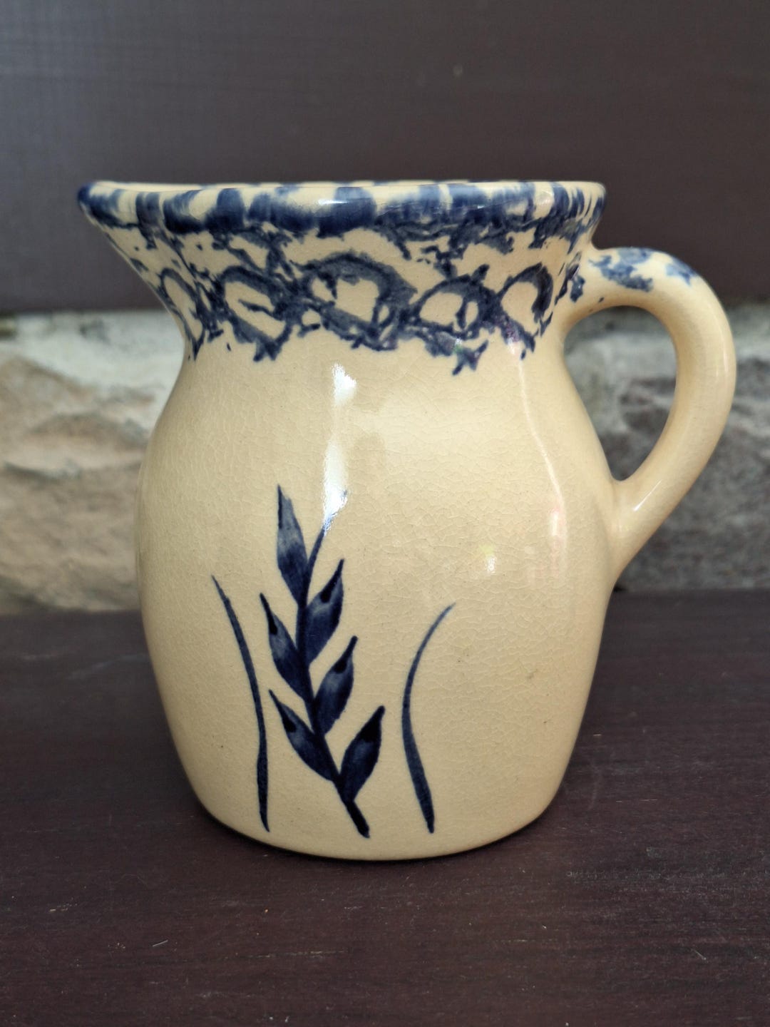 Vintage Robinson Ransbottom Pottery RRP Pitcher - Blue Spongeware Wheat ...