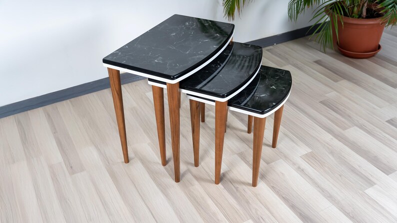Nesting Coffee Table, Black Marble Patterned Coffee Table, Rectangular ...