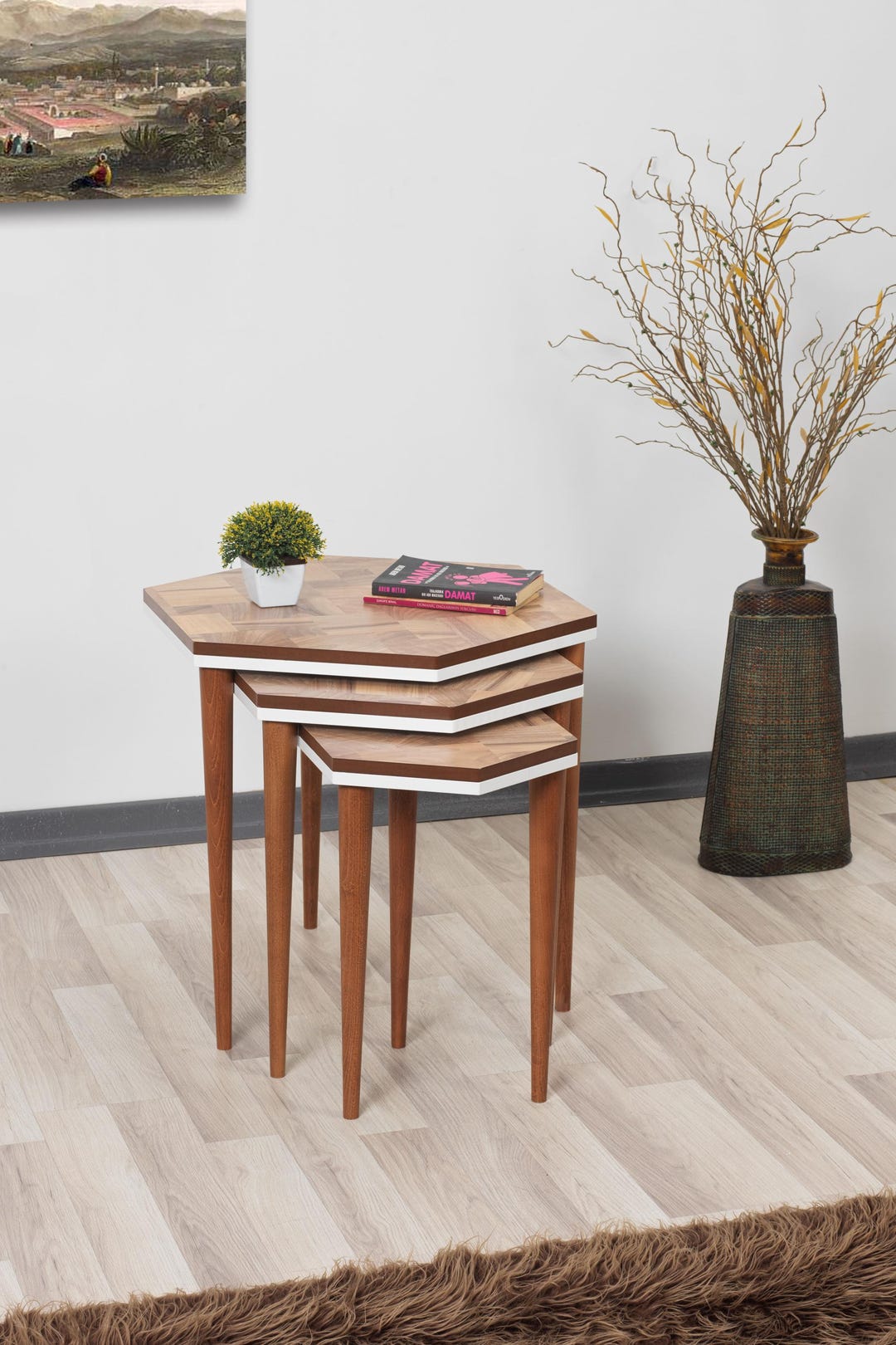 Hexagon Wood Nesting Table Set, Modern Geometric Zigon Side Tables ...