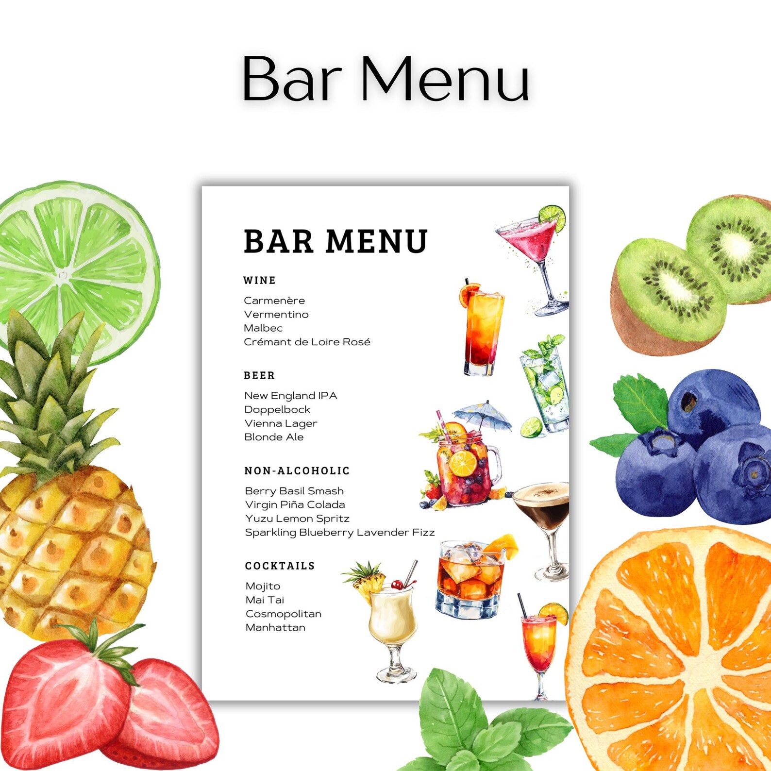 Bar Menu, Editable Menu, Restaurant Bar Menu, Bar Menu Template, Bar ...