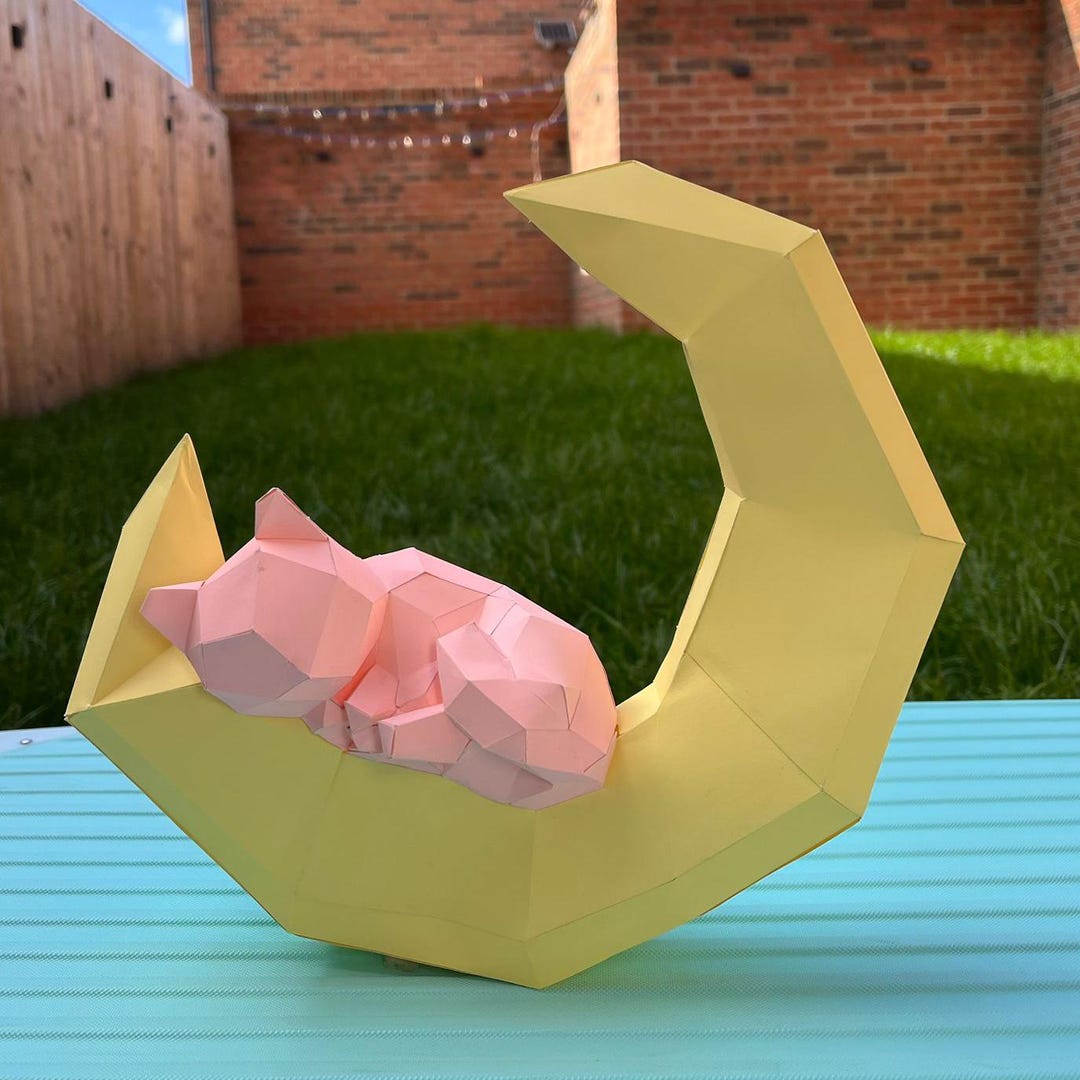 Cat on Moon Papercraft / Kitten Low Poly / 3D Papercraft Animal Trophy ...