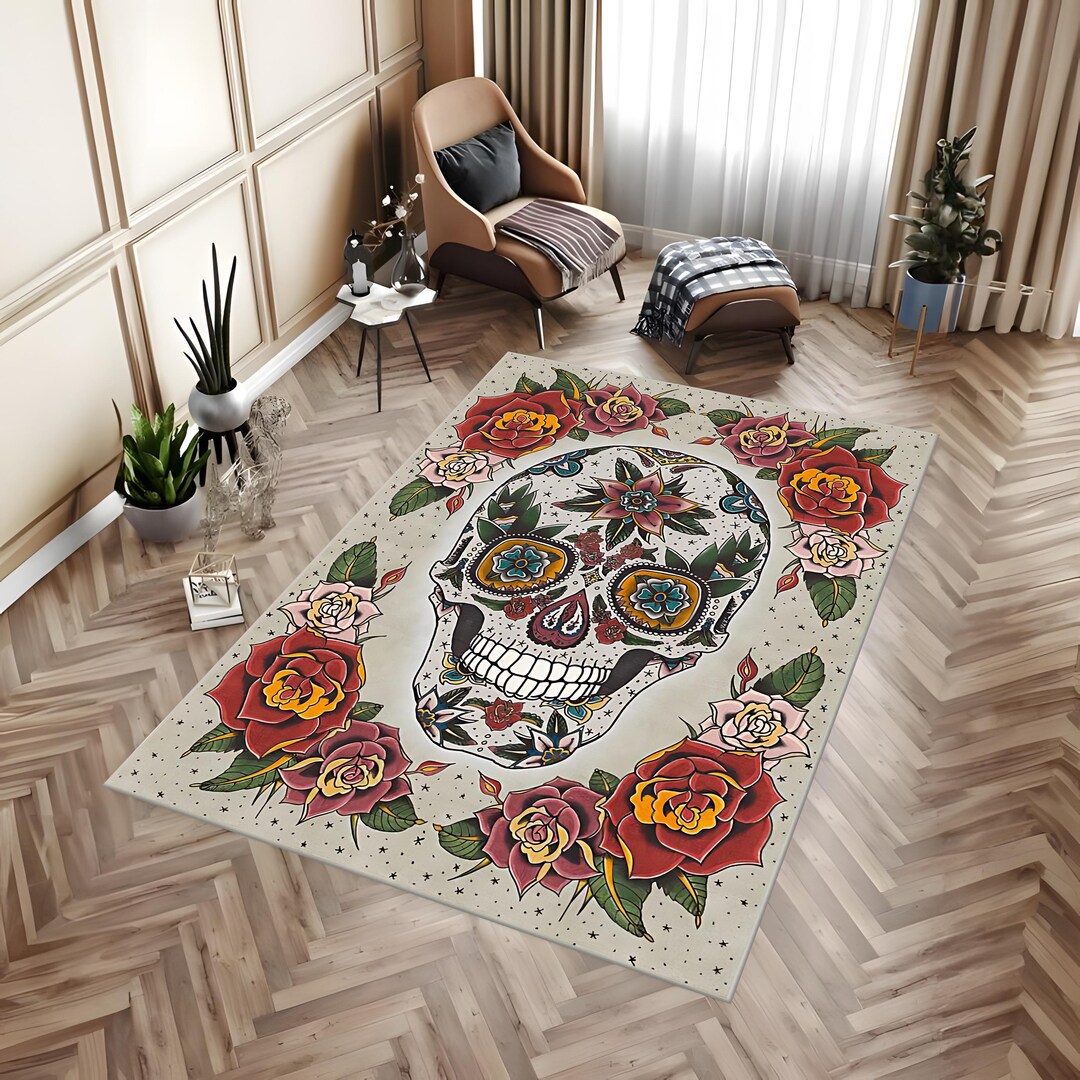 Skull Pattern Rug,moody Rug for Gothic Home Decor,sugar Skull Bloom Rug ...