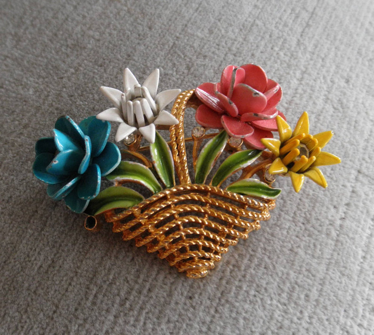 Vintage Trifari Basket of Multi Colored Enameled Metal Flowers Brooch ...