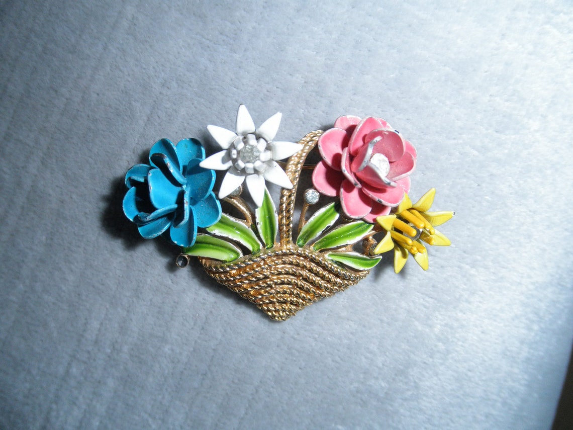 Vintage Trifari Basket of Multi Colored Enameled Metal Flowers Brooch ...