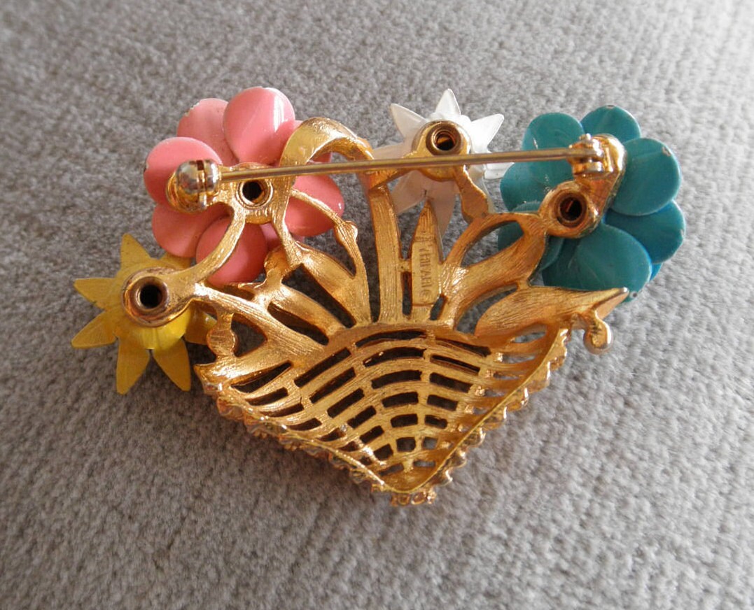 Vintage Trifari Basket of Multi Colored Enameled Metal Flowers Brooch ...