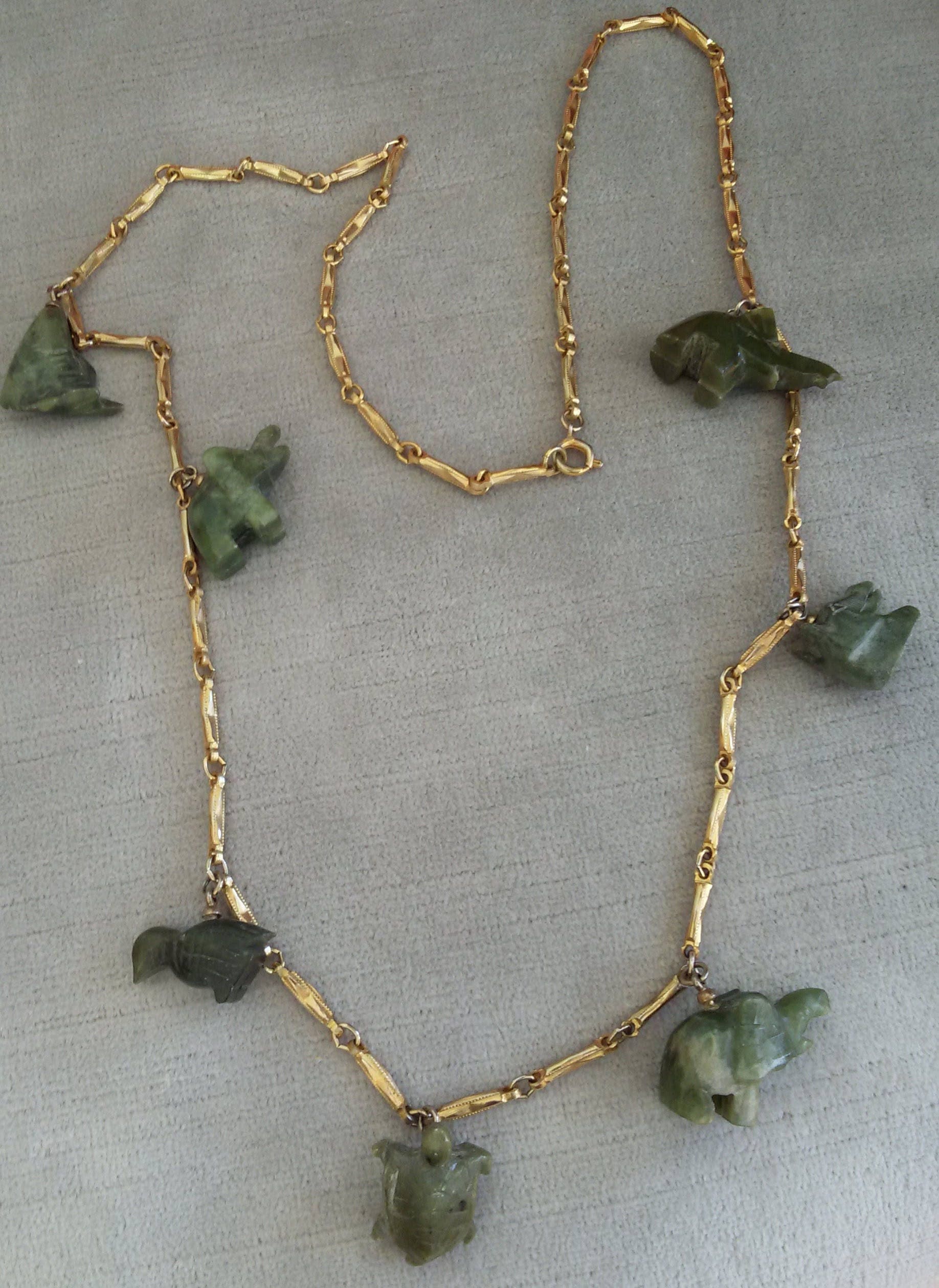 Vintage Carved Animal Fetish Necklace Seven Green Aventurine Charms on ...
