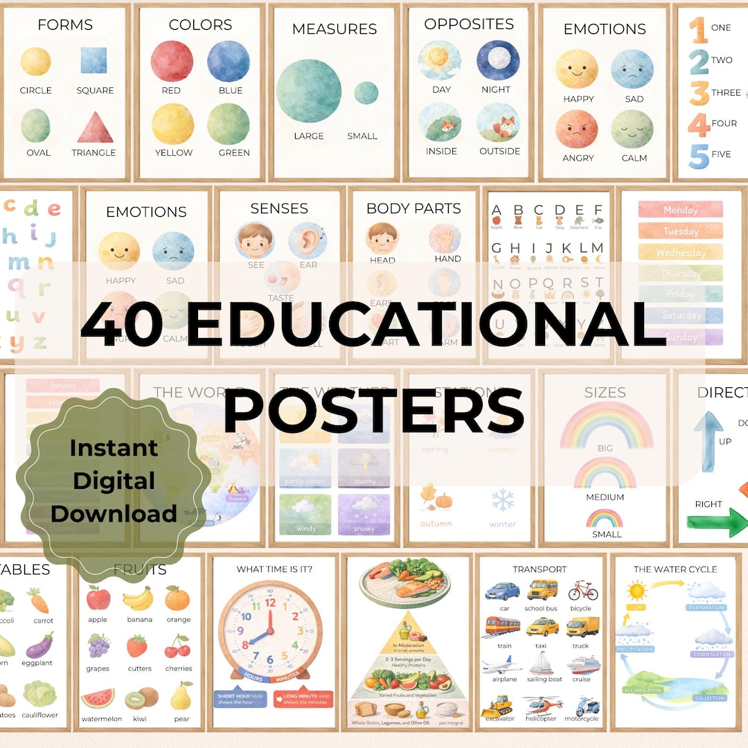 Educational Posters Bundle Printable Kids Preschool Learning Classroom ...