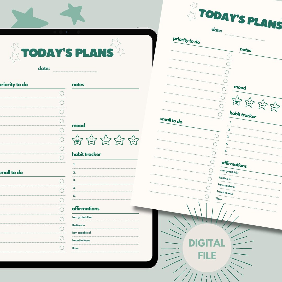 Day Planner Simple Digital Printable Priorities Notes Habit Tracker ...