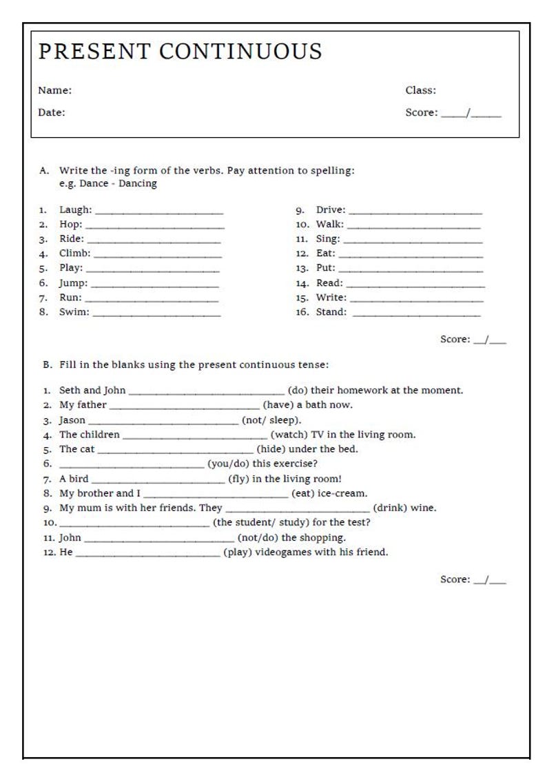 Present Simple and Present Continuous Worksheets, ESL, Grammar ...