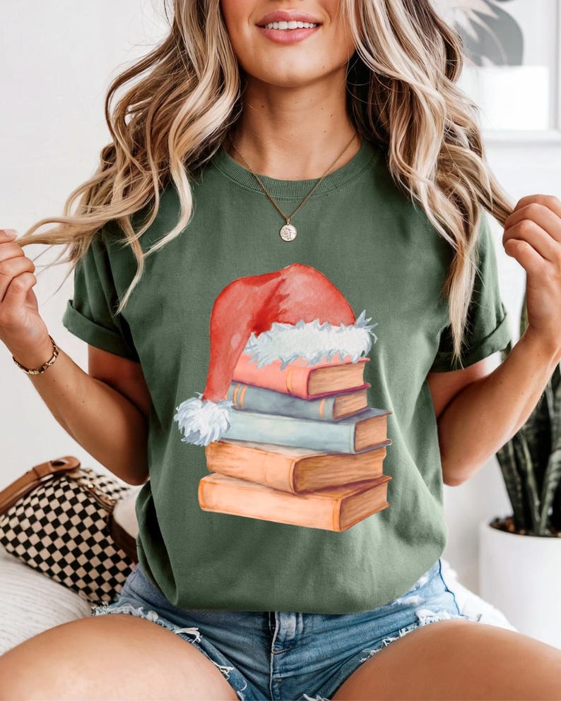Bookish Christmas Book Stack With Santa Hat T-shirt | Book Lover ...