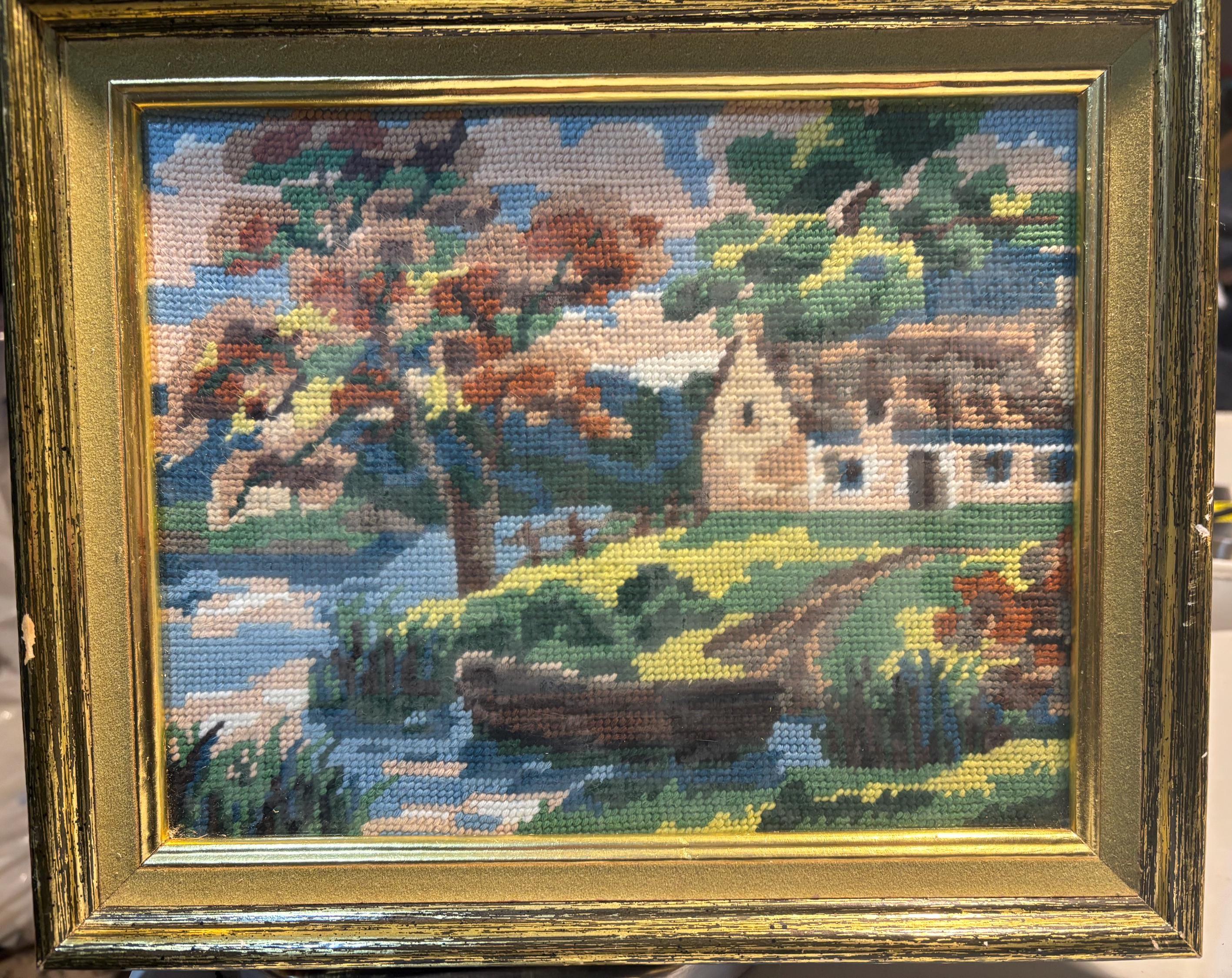 Vintage Needlepoint House on Water With Rowboat Gold Frame Cross Stitch ...