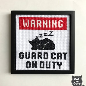 Cat Cross Stitch Pattern - Guard Cat on Duty Warning Sleeping Black Cat ...