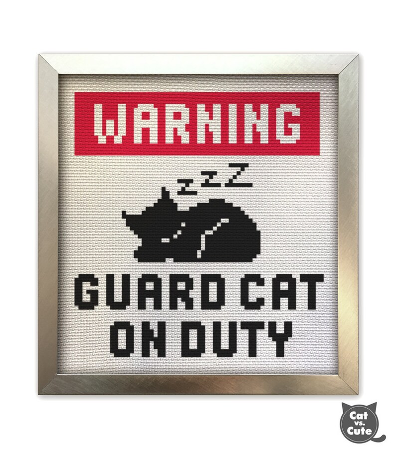 Cat Cross Stitch Pattern - Guard Cat on Duty Warning Sleeping Black Cat ...