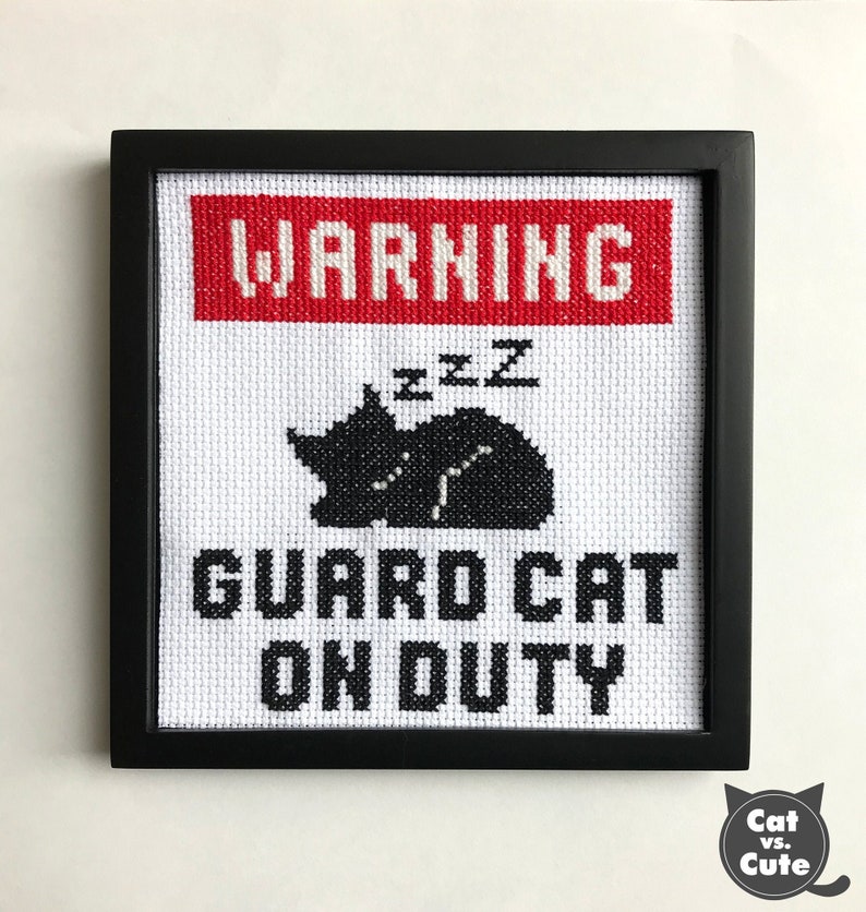 Cat Cross Stitch Pattern - Guard Cat on Duty Warning Sleeping Black Cat ...