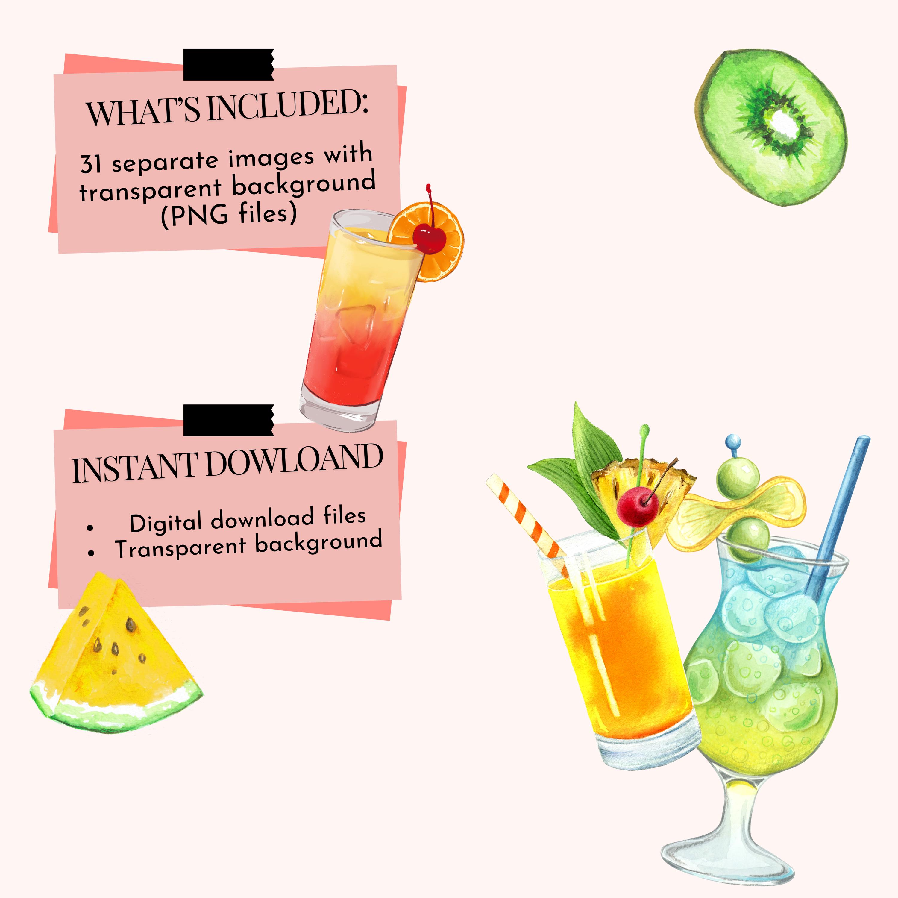 Cocktails Menu Clipart, Watercolour Clipart, Clip Art Bundle, Drink ...
