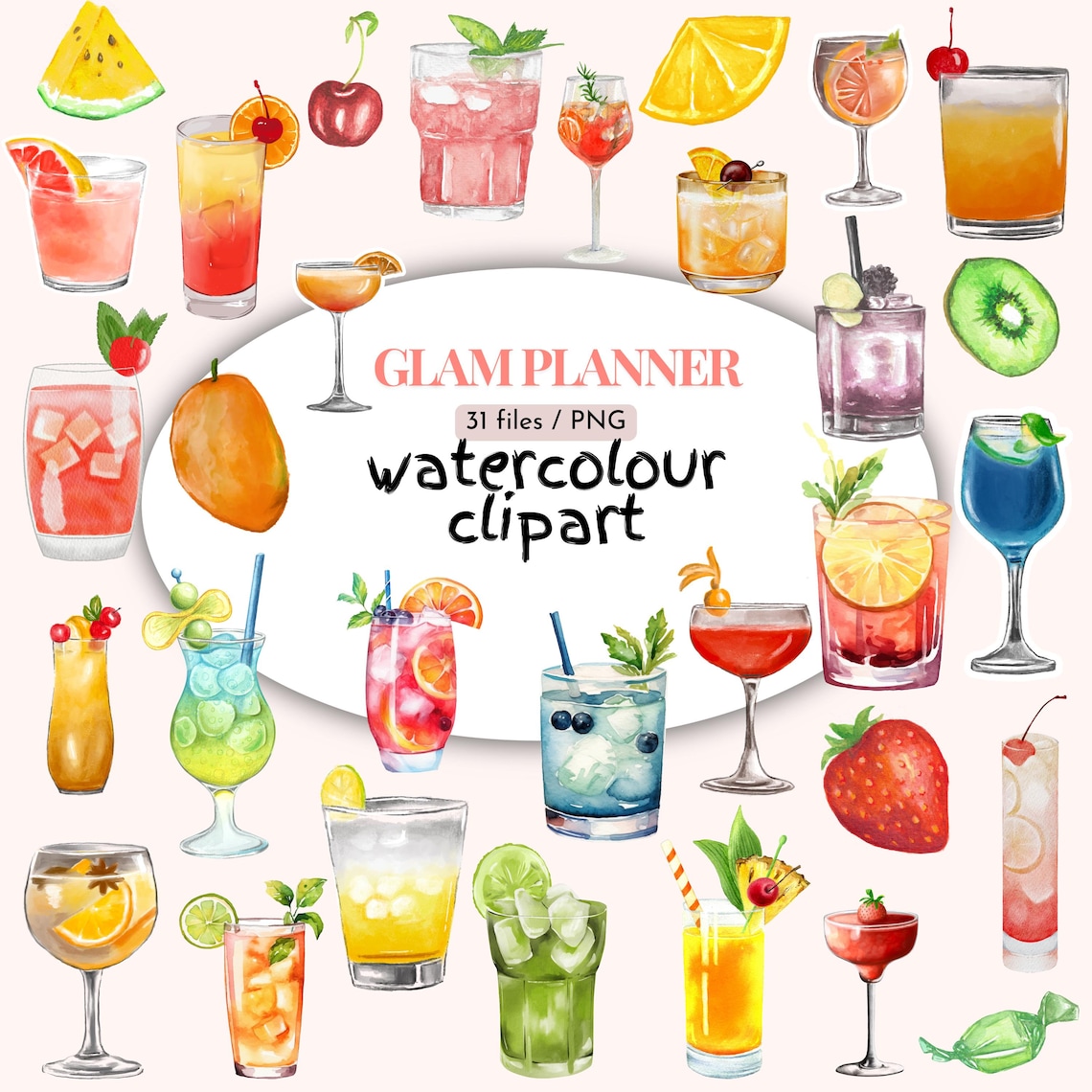 Cocktails Menu Clipart, Watercolour Clipart, Clip Art Bundle, Drink ...
