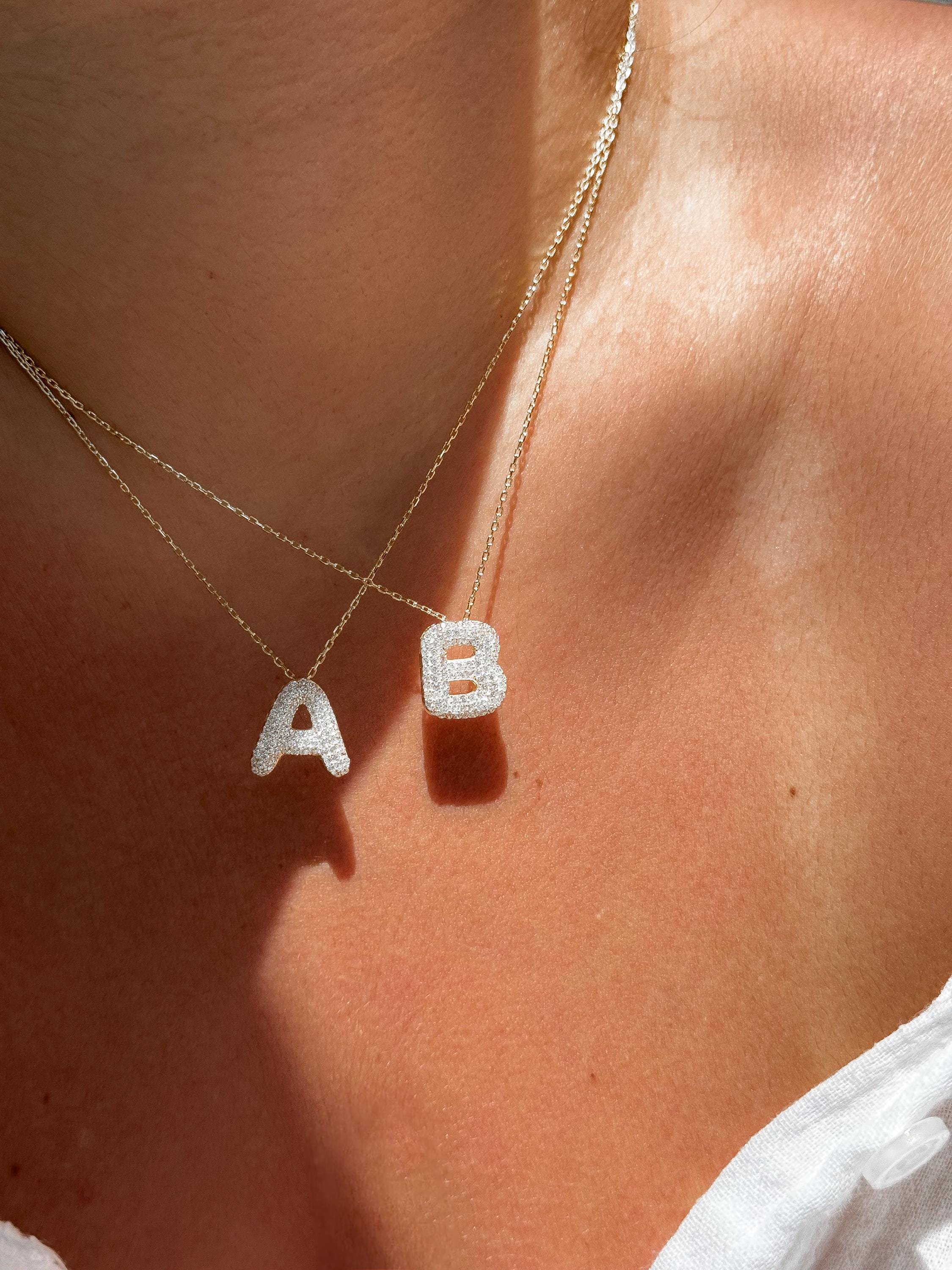 Pave 3D Bubble Letters Necklace, Bubble Letter Initial Necklace, Dainty ...