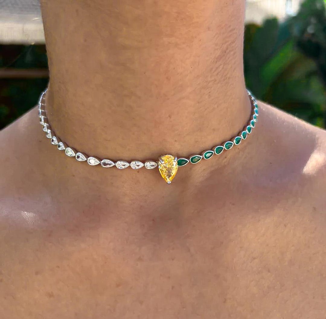 Emerald and Diamond Moissanite Choker Necklace, Moissanite Tennis ...