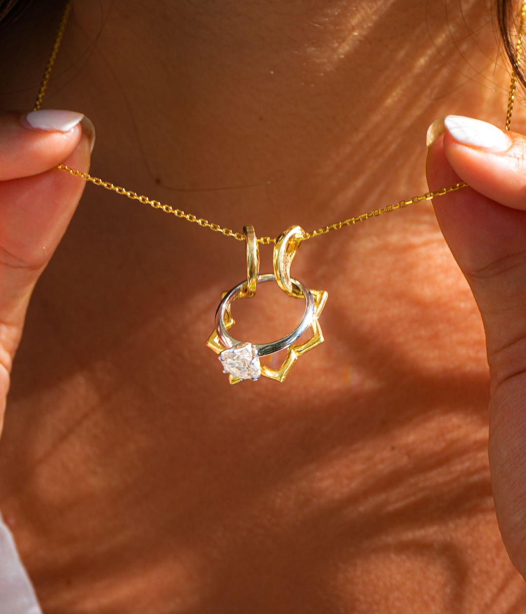 Dainty Ring Holder Pendant Necklace, Sunflower Ring Keeper Necklace ...