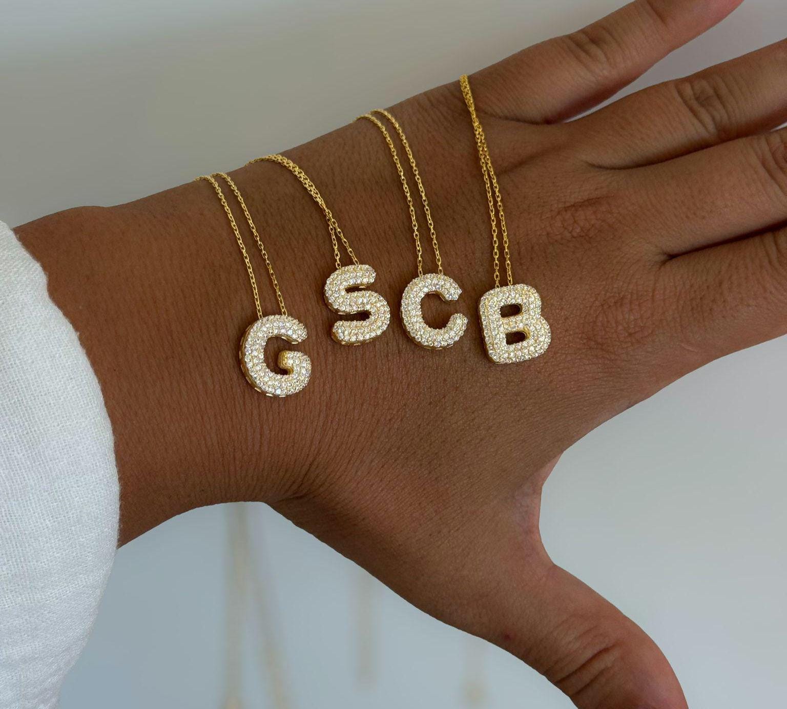 Pave 3D Bubble Letters Necklace, Bubble Letter Initial Necklace, Dainty ...