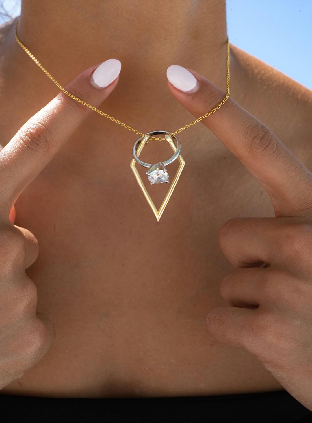 Geometric Wedding Ring Holder Necklace, Sterling Silver Ring Keeper ...